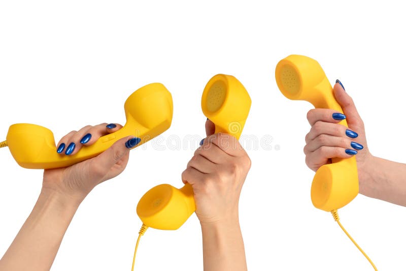 Yellow Handset in Woman Hand Isolated on White. Copy Space Stock Image ...