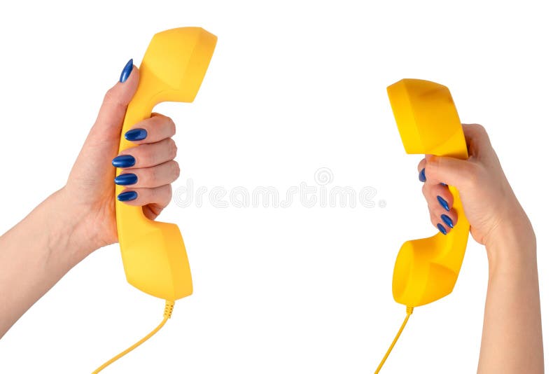 Yellow Handset in Woman Hand Isolated on White. Copy Space Stock Photo ...