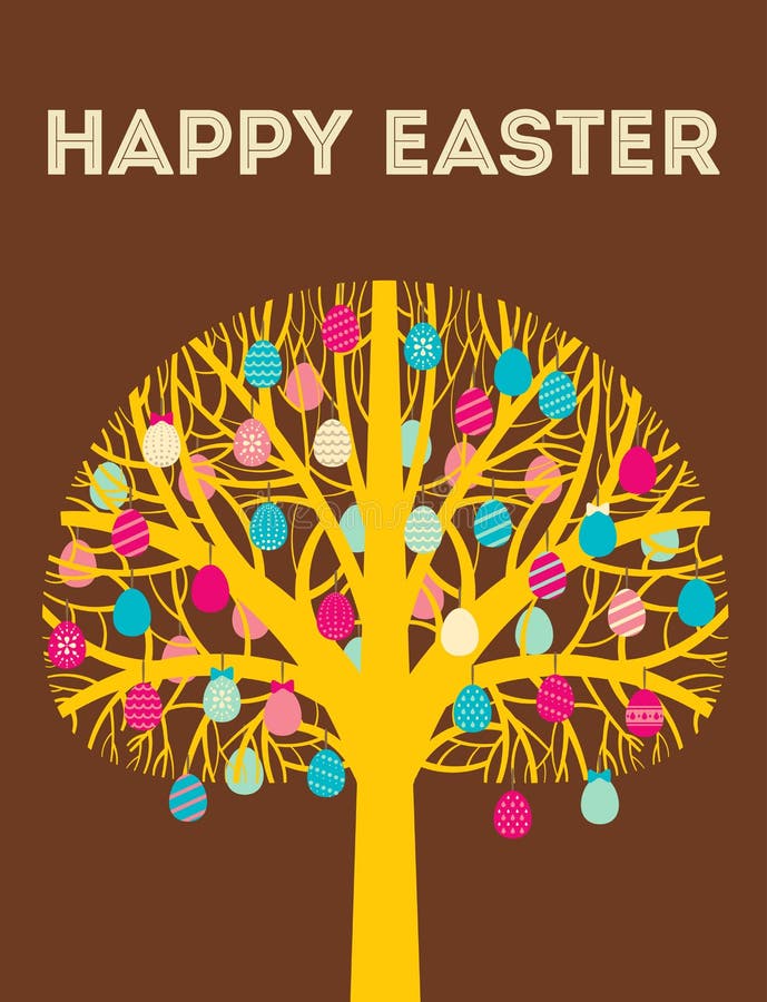 Yellow Happy Easter Tree Greeting Card with Eggs Stock Vector ...