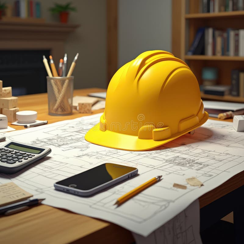 Yellow Hard Hat on Architectural Blueprints. Stock Illustration ...