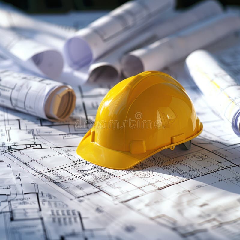 Yellow Hard Hat on Architectural Blueprints Stock Illustration ...
