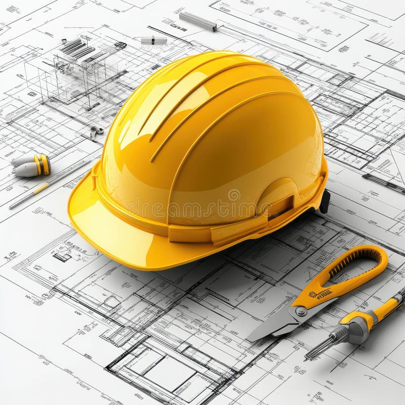 Yellow Hard Hat on Architectural Plans Construction Safety Blueprint ...