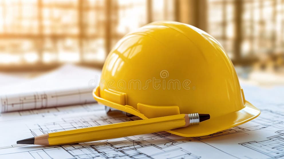 Yellow Hard Hat on Blueprint Construction Plans High Quality Image ...