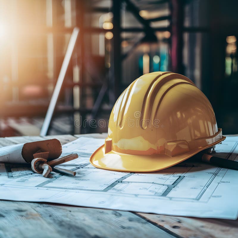 Yellow Hard Hat and Blueprint on Construction Site Table Stock Image ...