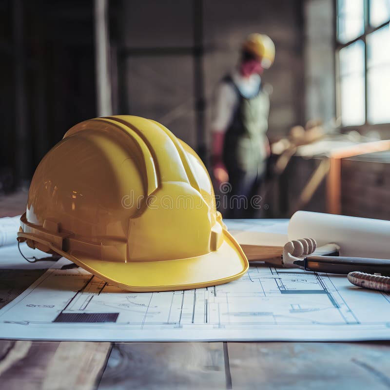 Yellow Hard Hat and Blueprint on Construction Site Table Stock Photo ...