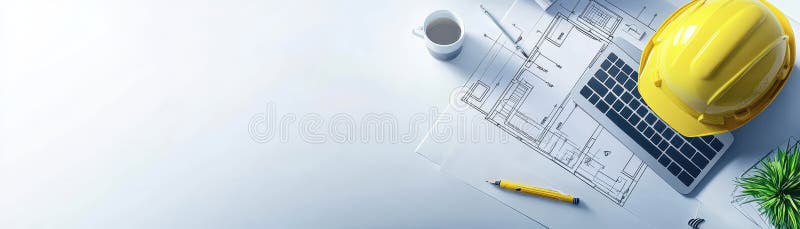 Yellow Hard Hat and Blueprint on White Background, Construction ...