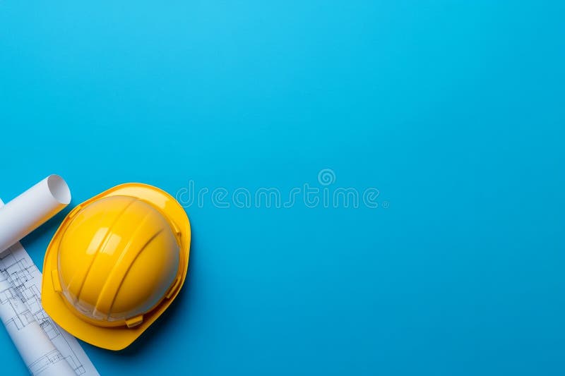 Yellow Hard Hat and Blueprints on Blue Background for Construction ...