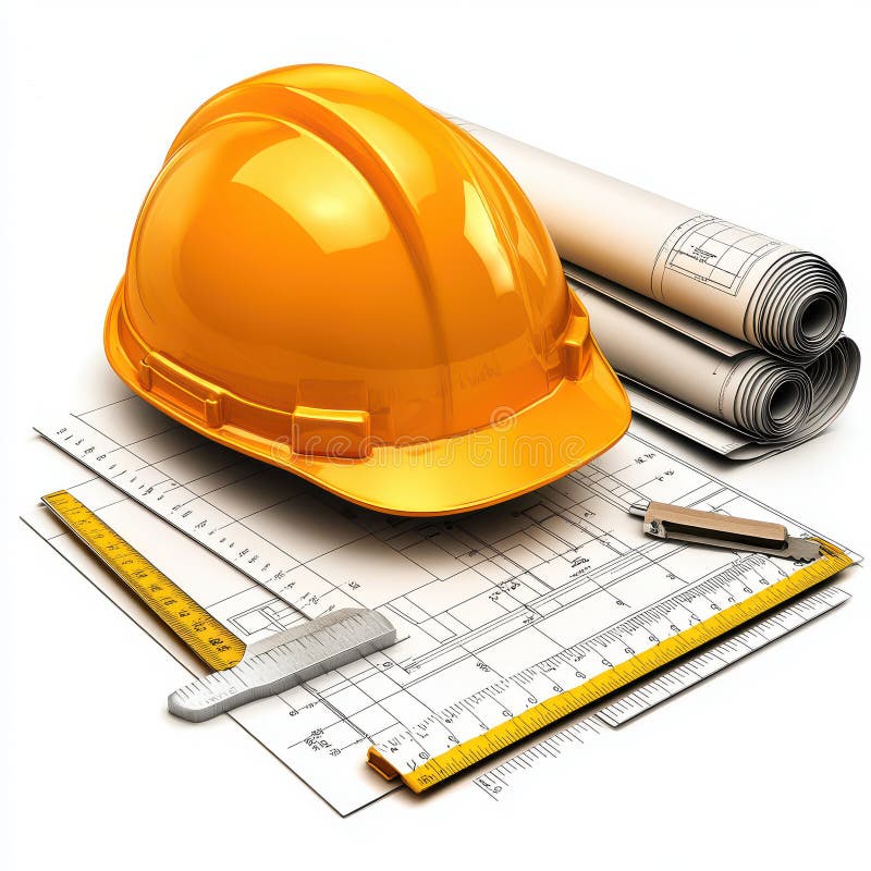 Yellow Hard Hat on Blueprints Construction Tools Engineering Design Stock Illustration ...