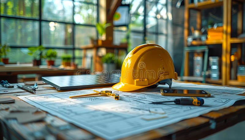 Yellow Hard Hat and Blueprints on Table. a Yellow Construction Helmet ...