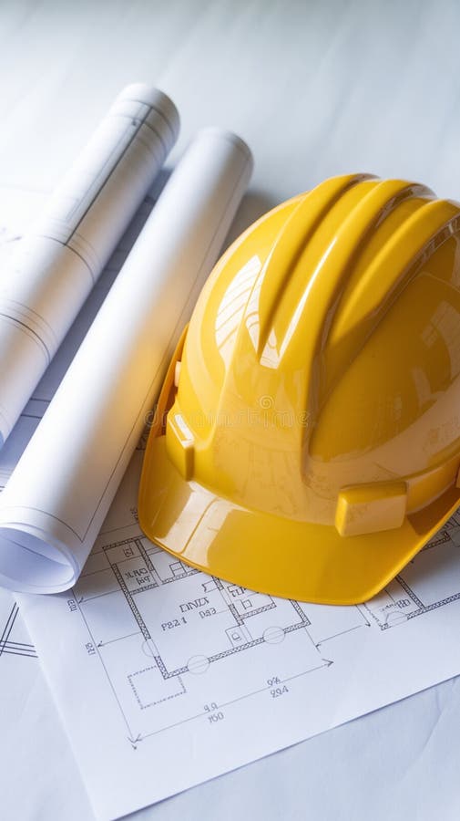 Yellow Hard Hat beside Blueprints on White Surface, Indicating Design ...