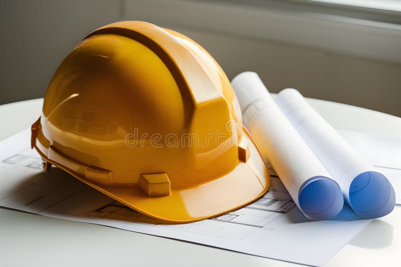 Yellow Hard Hat beside Blueprints on White Surface, Indicating Design ...