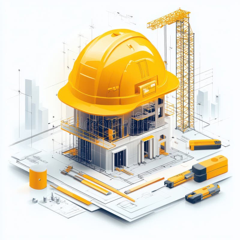 Yellow Hard Hat Building Construction Blueprint Crane Design Stock ...