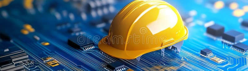Yellow Hard Hat on Circuit Board Symbol of Safety in Electronic ...
