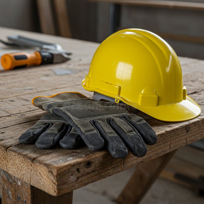 Yellow Hard Hat and Dark Gloves Rest on a Worn Wooden Workbench ...