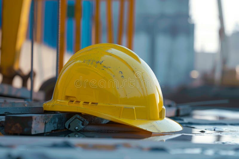 Yellow Hard Hat Helmet Ensures Safety on Construction Site Stock ...