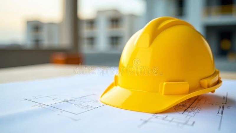 A Yellow Hard Hat and a Lot of House Plan Drawings are Lying on the ...