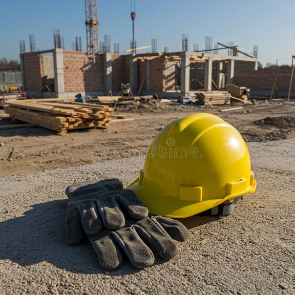 Yellow Hard Hat and a Pair of Dusty Work Gloves Placed on a Concrete ...