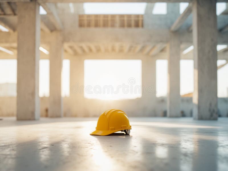 Yellow Hard Hat Placed on a Clean Floor Inside a Sunlit Construction ...