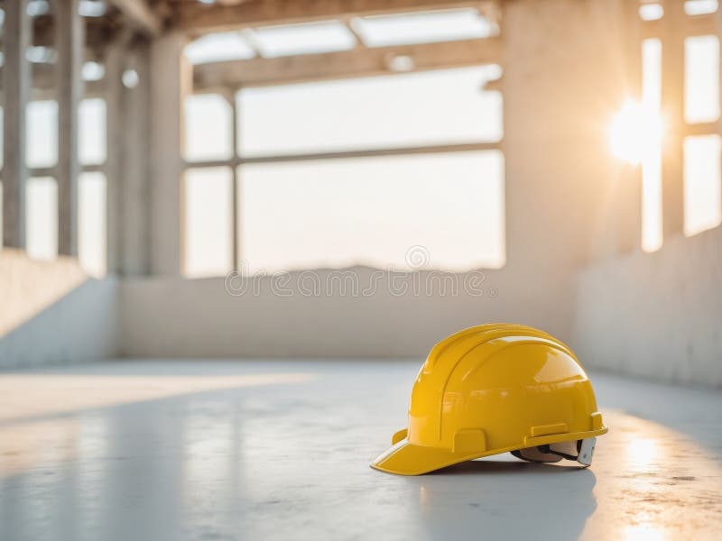 Yellow Hard Hat Placed on a Clean Floor Inside a Sunlit Construction ...