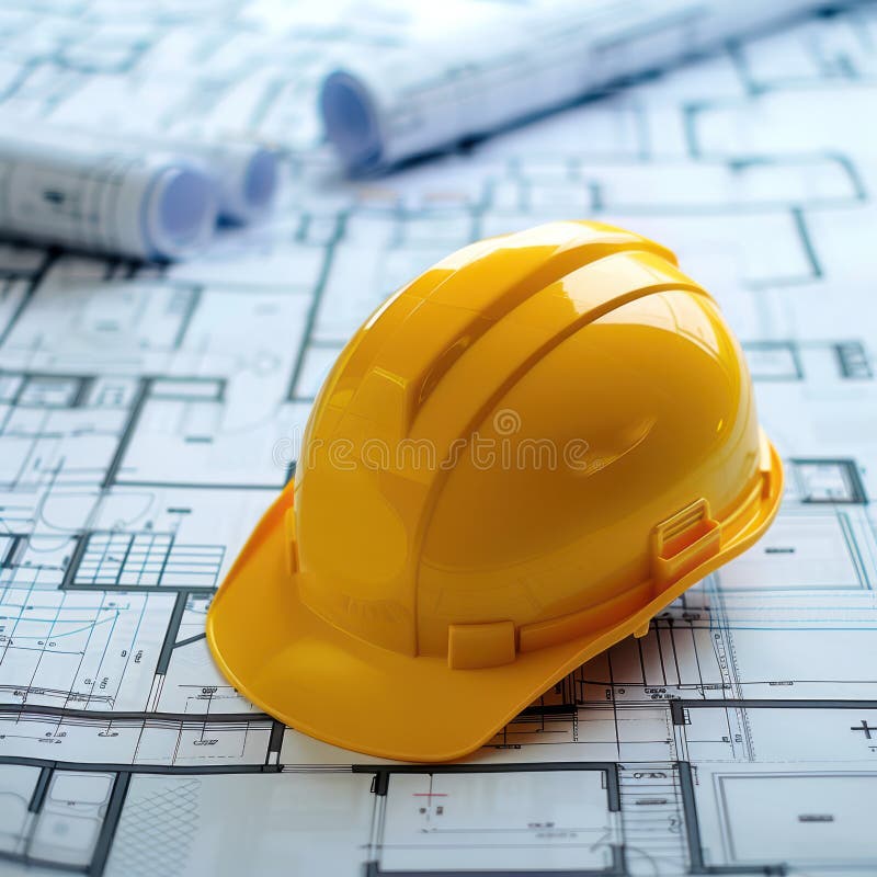 Yellow Hard Hat Resting on Architectural Blueprints Stock Illustration ...