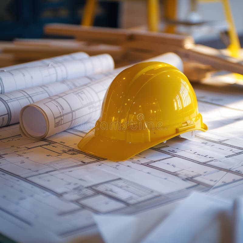 Yellow Hard Hat Resting on Architectural Plans Stock Illustration ...