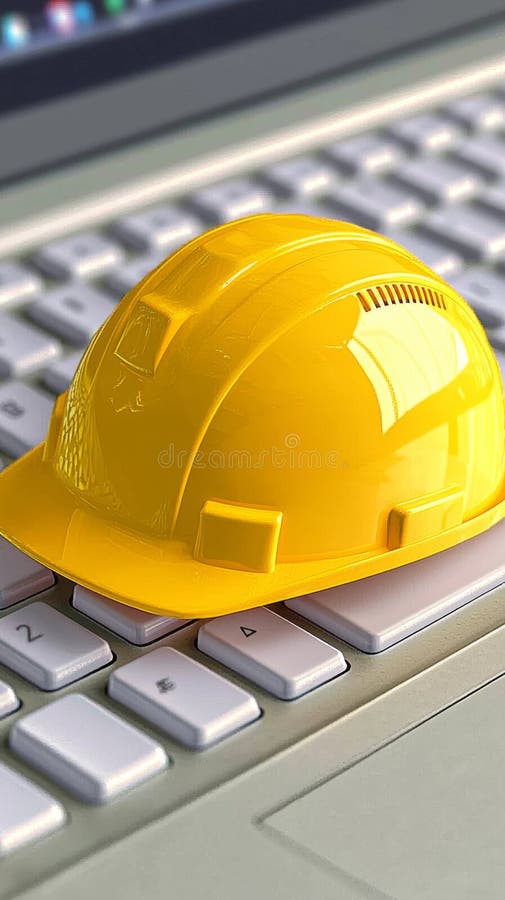 Yellow Hard Hat Resting on a Computer Keyboard in a Modern Workspace ...