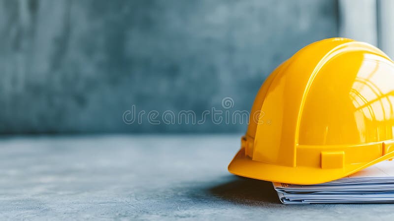 Yellow Hard Hat Resting on Stack of Construction Plans and Blueprints ...
