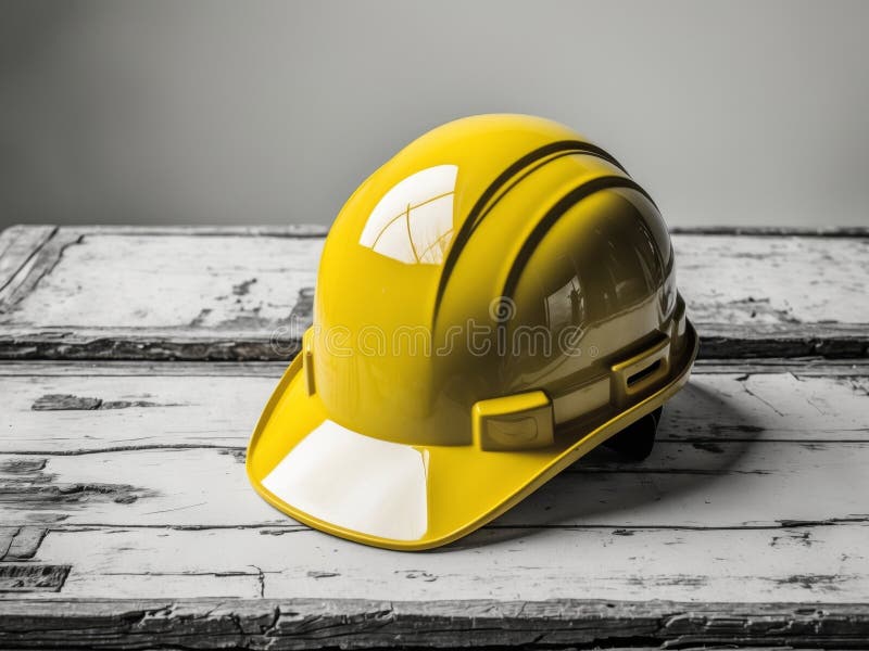 Yellow Hard Hat Resting Wooden Surface Front Industrial Double Exposure ...