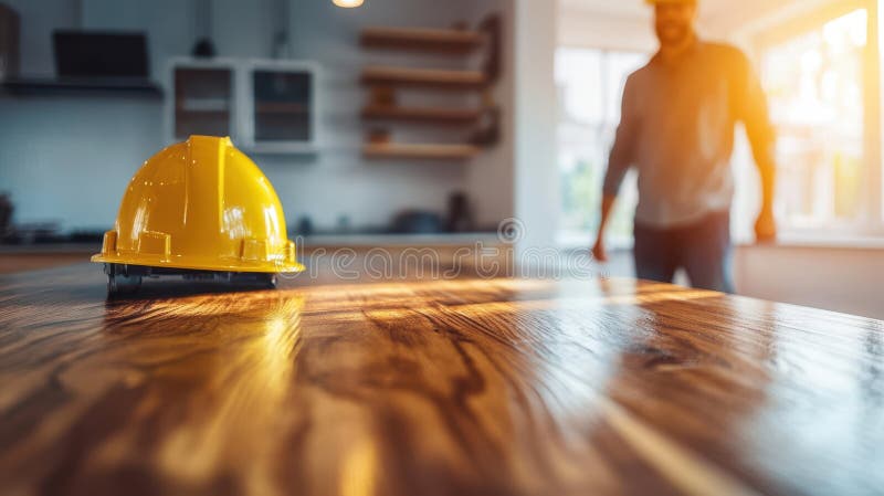 A Yellow Hard Hat Rests on a Rustic Wooden Table, Symbolizing Safety ...