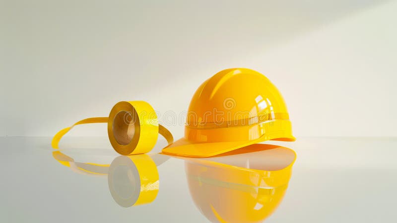 A Yellow Hard Hat and a Roll of Tape on a Reflective Surface Stock ...