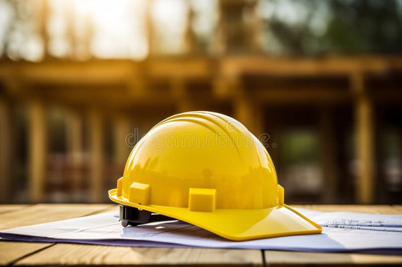 Yellow Hard Hat Safty Helmet and Blueprint on a Desk at Construction ...