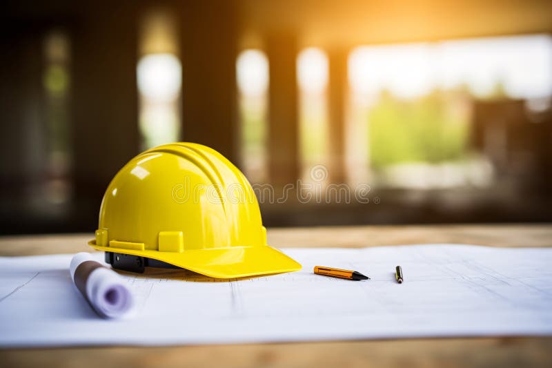 Yellow Hard Hat Safty Helmet and Blueprint on a Desk at Construction ...
