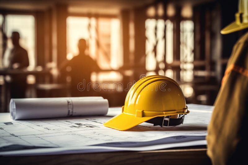 Yellow Hard Hat Safty Helmet and Blueprint on a Desk at Construction ...