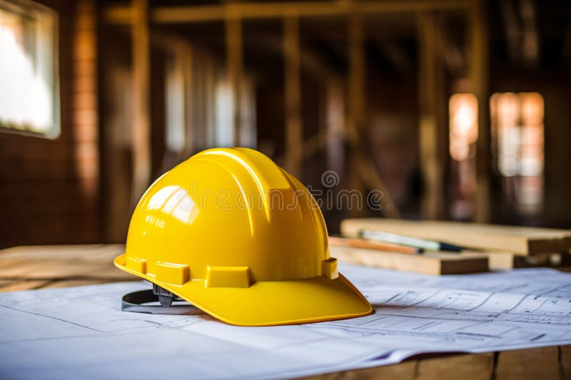 Yellow Hard Hat Safty Helmet and Blueprint on a Desk at Construction ...