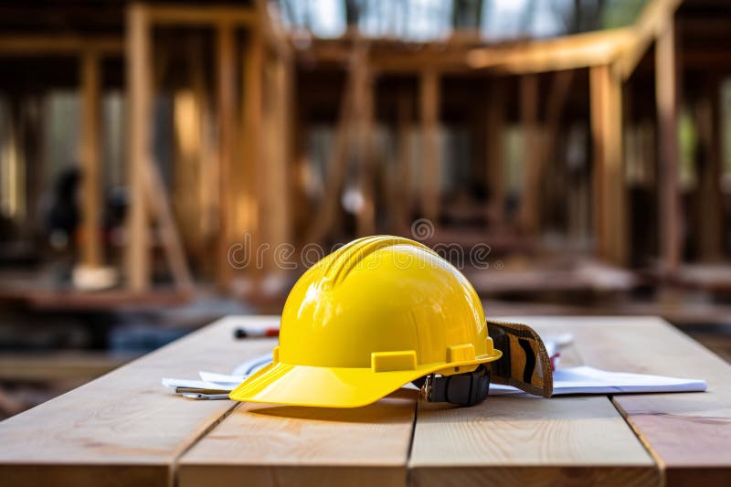 Yellow Hard Hat Safty Helmet and Blueprint on a Desk at Construction ...
