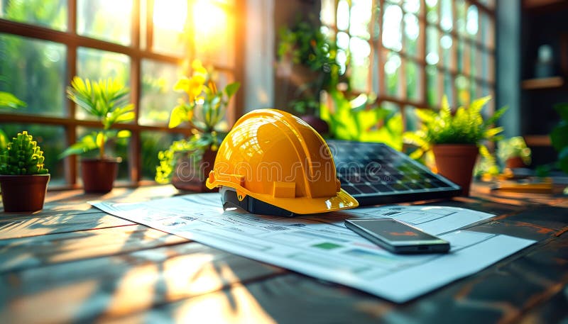 Yellow Hard Hat Sits Top Drawing Building Stock Photos - Free & Royalty ...