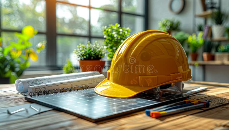 A Yellow Hard Hat Sits on Top of a Stack of Blueprints Stock ...