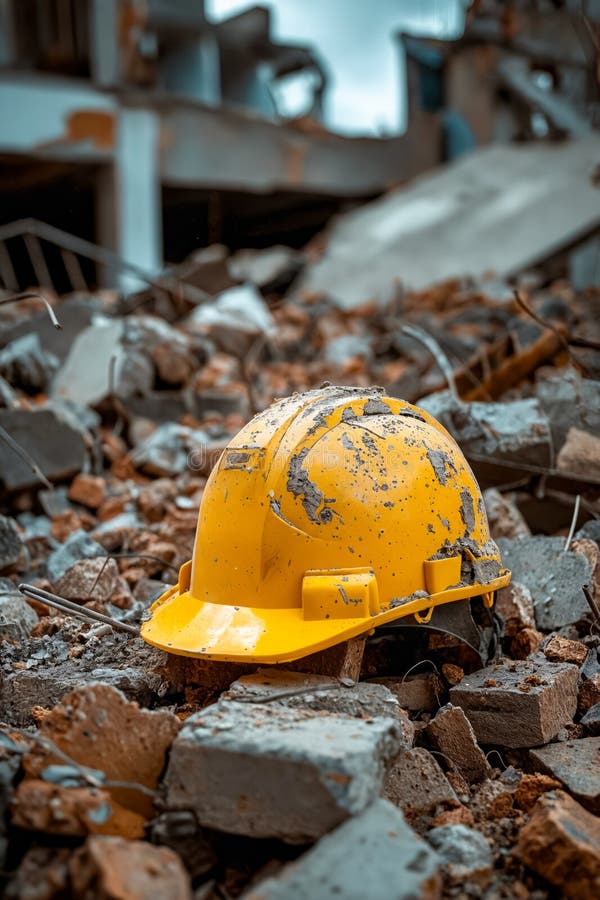 A Yellow Hard Hat Sitting on Top of a Pile of Rubble. Generative AI ...