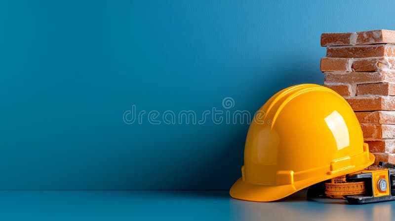 Yellow Hard Hat and Stack of Bricks on Teal Background Stock ...