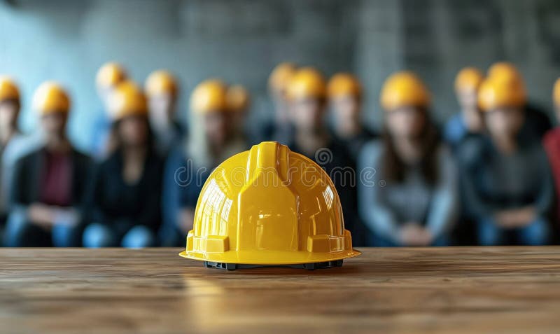Yellow Hard Hat on Table with Blurred Group of Workers in Safety ...