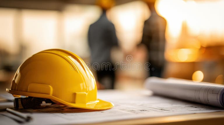 A Yellow Hard Hat is on a Table with a Few Drawings with Blur ...