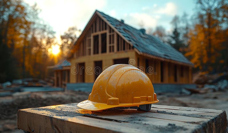 A Yellow Hard Hat is on a Table Next To a House Under Construction ...