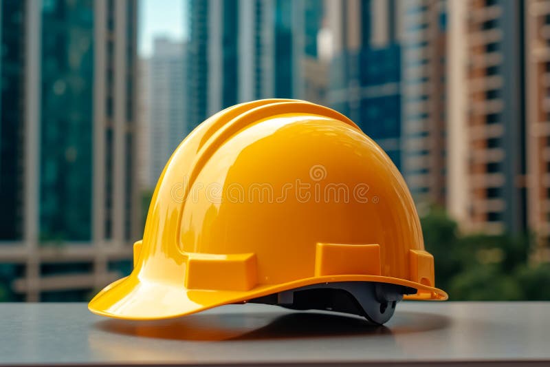 A Yellow Hard Hat Sitting on Top of a Table Stock Photo - Image of rise ...