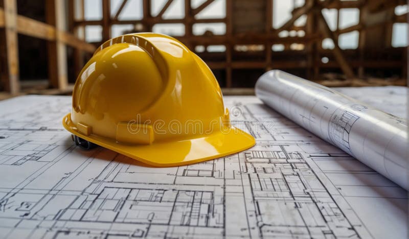Yellow Hard Hat on Top of a Blueprint Construction Plan Design Drawing ...