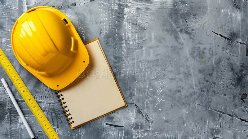 Yellow Hard Hat, White Ruler, Notebook on Gray Background - Minimalist ...