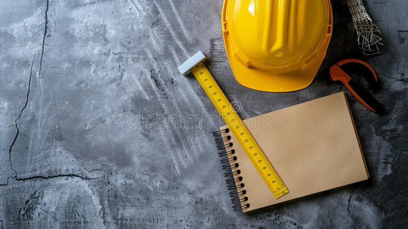 Yellow Hard Hat, White Ruler, and Notebook on Gray Concrete Stock ...