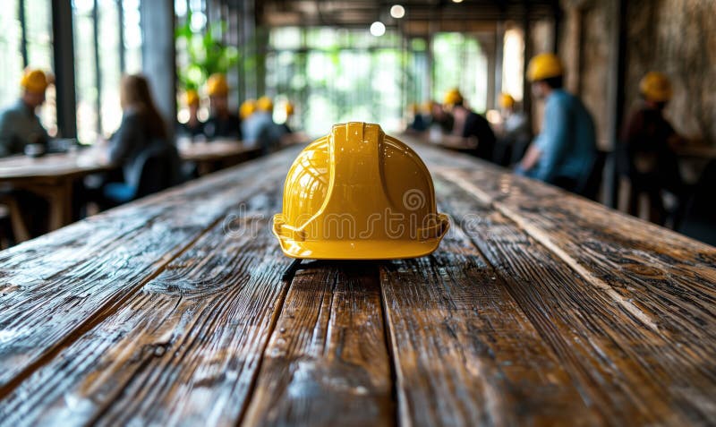 Yellow Hard Hat on Wooden Table in Modern Workspace with Construction ...