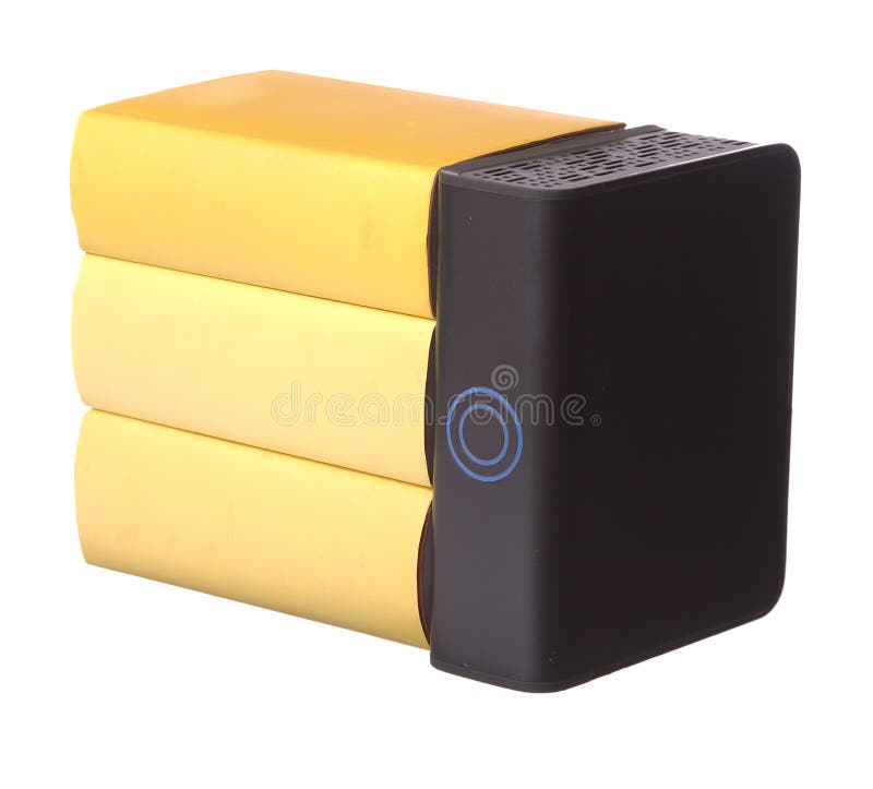 Row of Yellow Books with an Old Leather Bound Book Stock Photo - Image ...