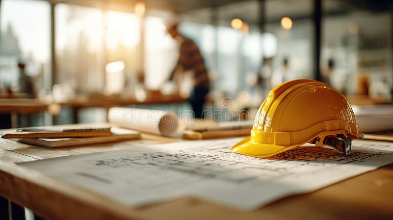 Yellow Hardhat on Architectural Blueprints in Office Stock Illustration ...