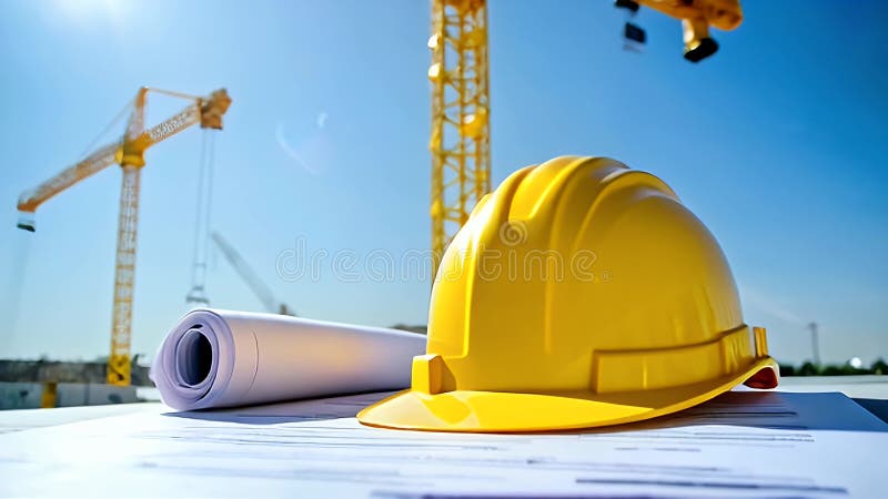 Yellow Hardhat and Blueprint Roll at a Construction Site with Blue Sky ...